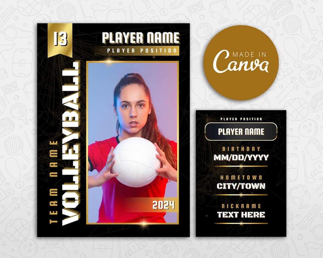 Volleyball Card Template, DIY Golden Sport Cards Printable ...