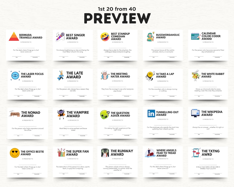 Funny 40 Employee Award Certificates, Printable PDF and Editable Canva ...