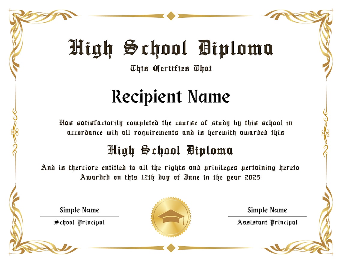 High School College Diploma Template - Editable, DIY Template for Home ...