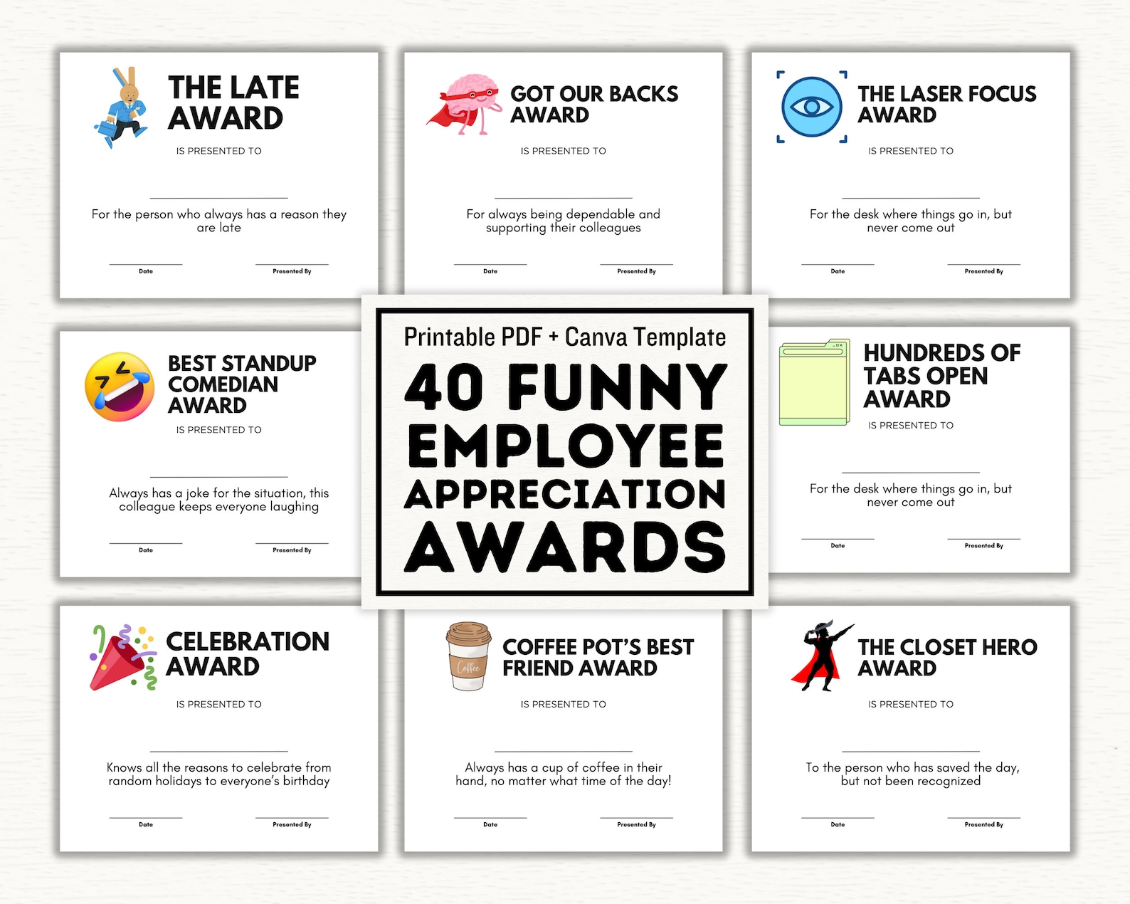 Funny 40 Employee Award Certificates, Printable PDF and Editable Canva ...