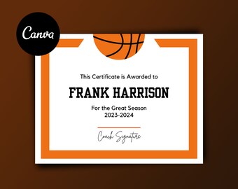 Editable Basketball Certificate Award Canva Template, Printable ...