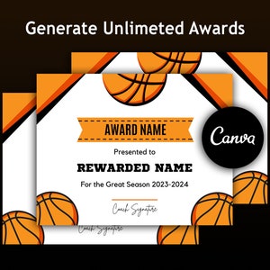 Editable Basketball Award Certificate Canva Template, Printable Award ...