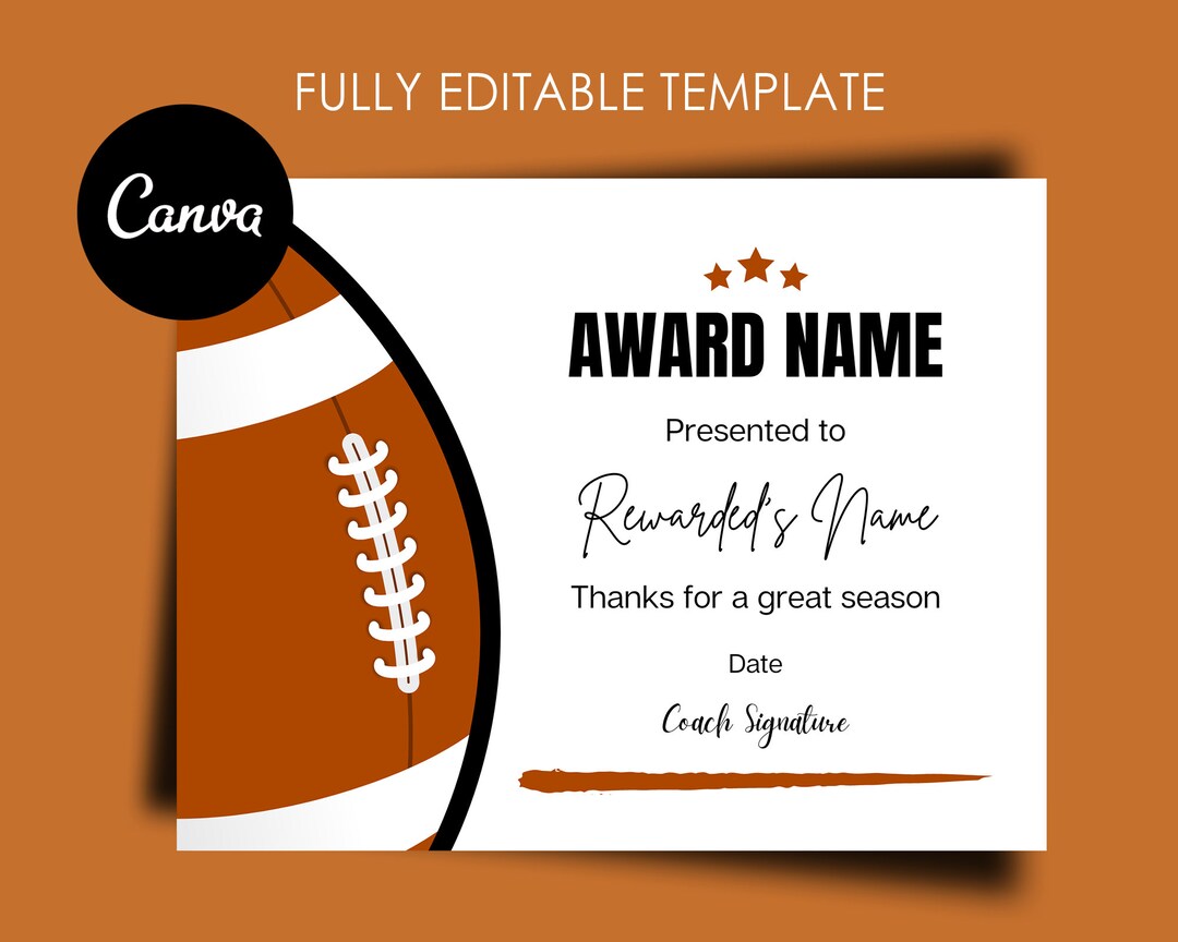 Football Award Certificate Editable Canva Template, Printable Award End ...
