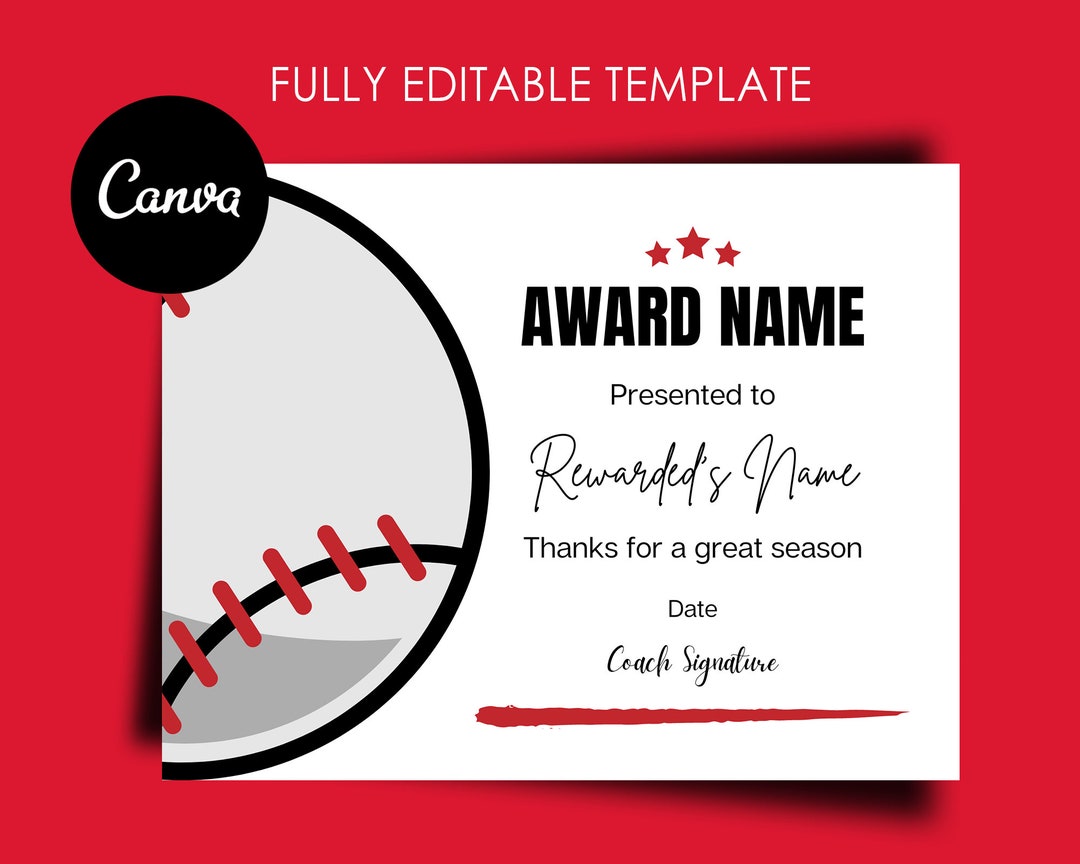 Baseball Award Certificate Editable Canva Template, Printable Award End ...