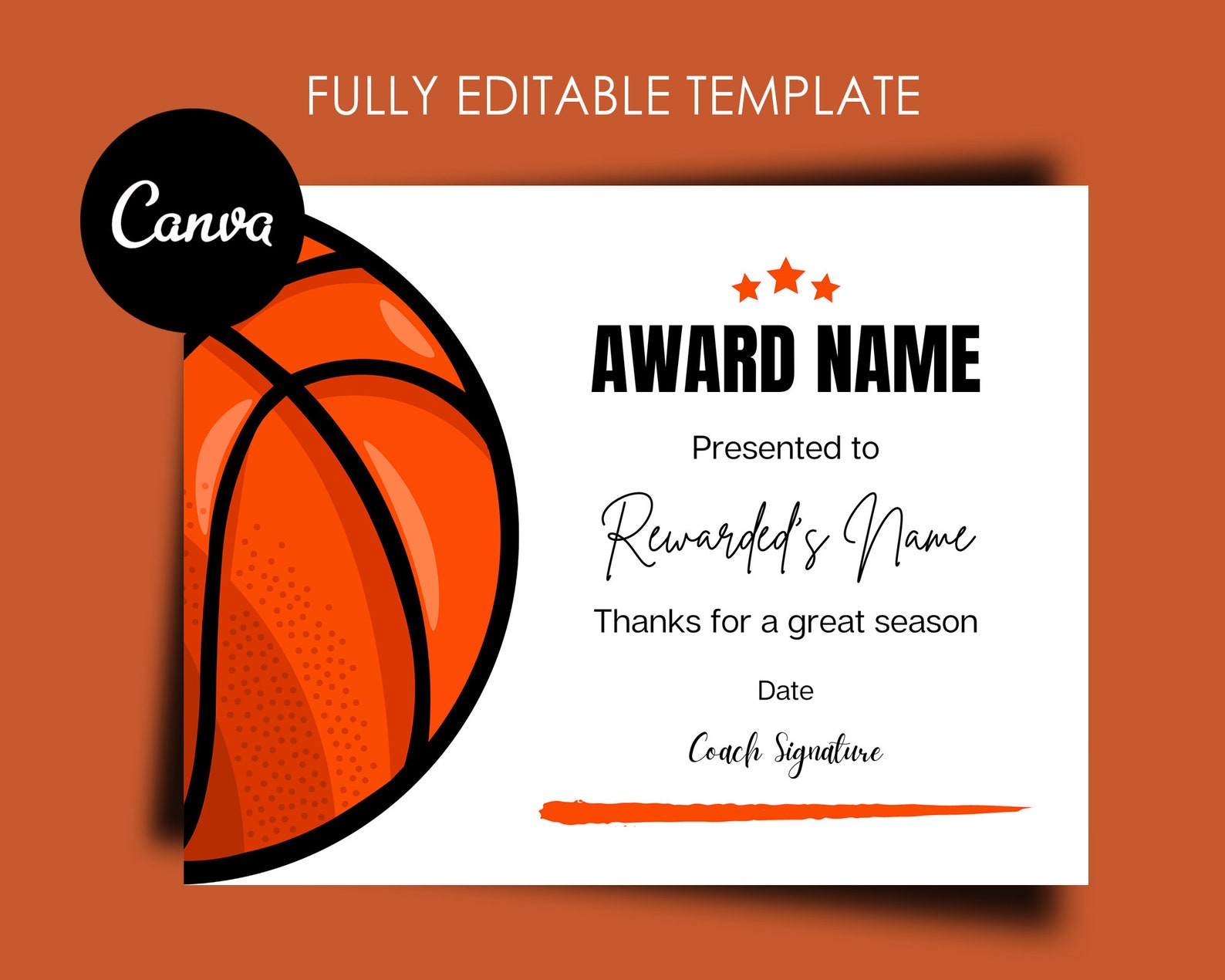 Basketball Award Certificate Editable Canva Template, Printable Award ...