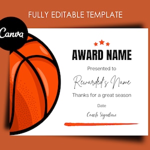Basketball Award Certificate Editable Canva Template, Printable Award ...