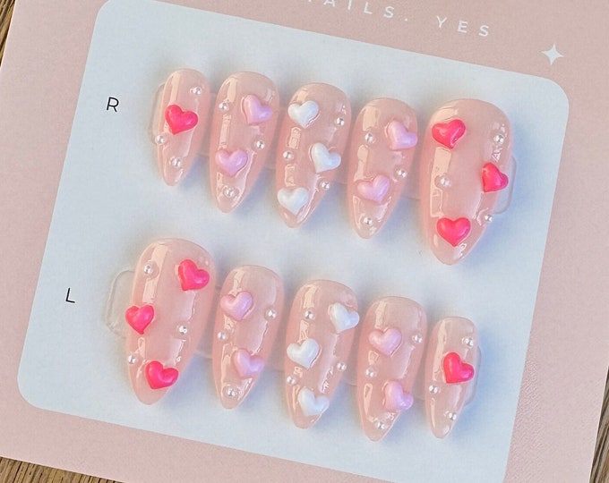 3D Heart Nail Valentines Press ON Nails L Heart Press on Nails Press on ...