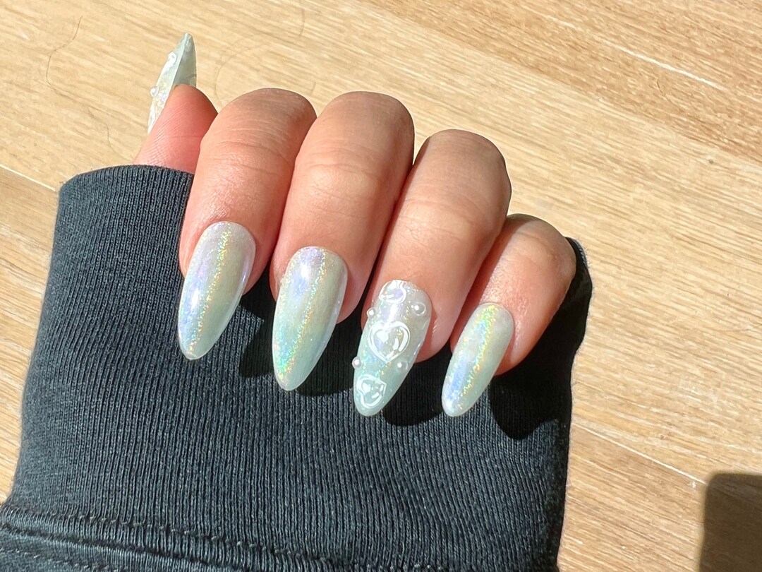 Heart Dew Chrome Nail | Cute Press ON Nails L Simple Chrome on Nails ...