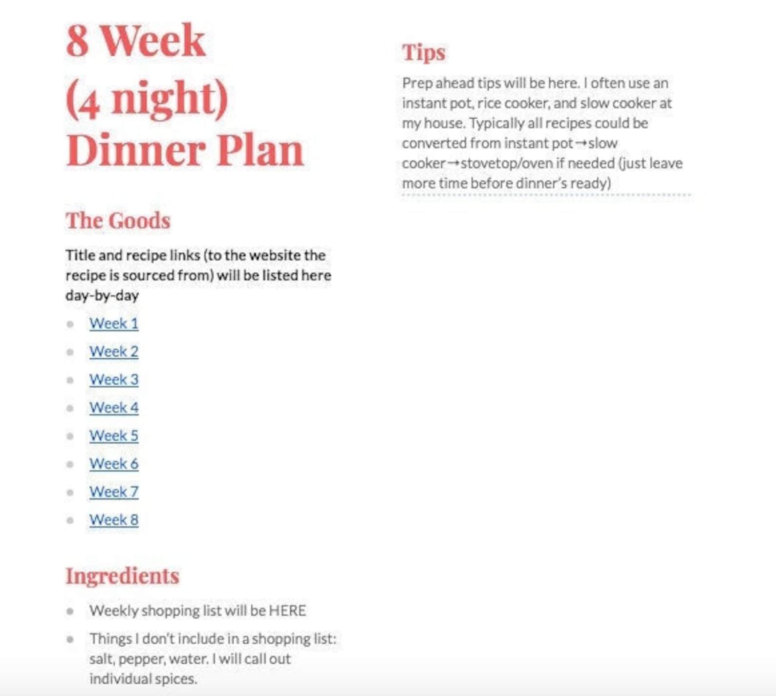 8-week Dinner Meal Plan With Weekly Shopping Lists - Etsy