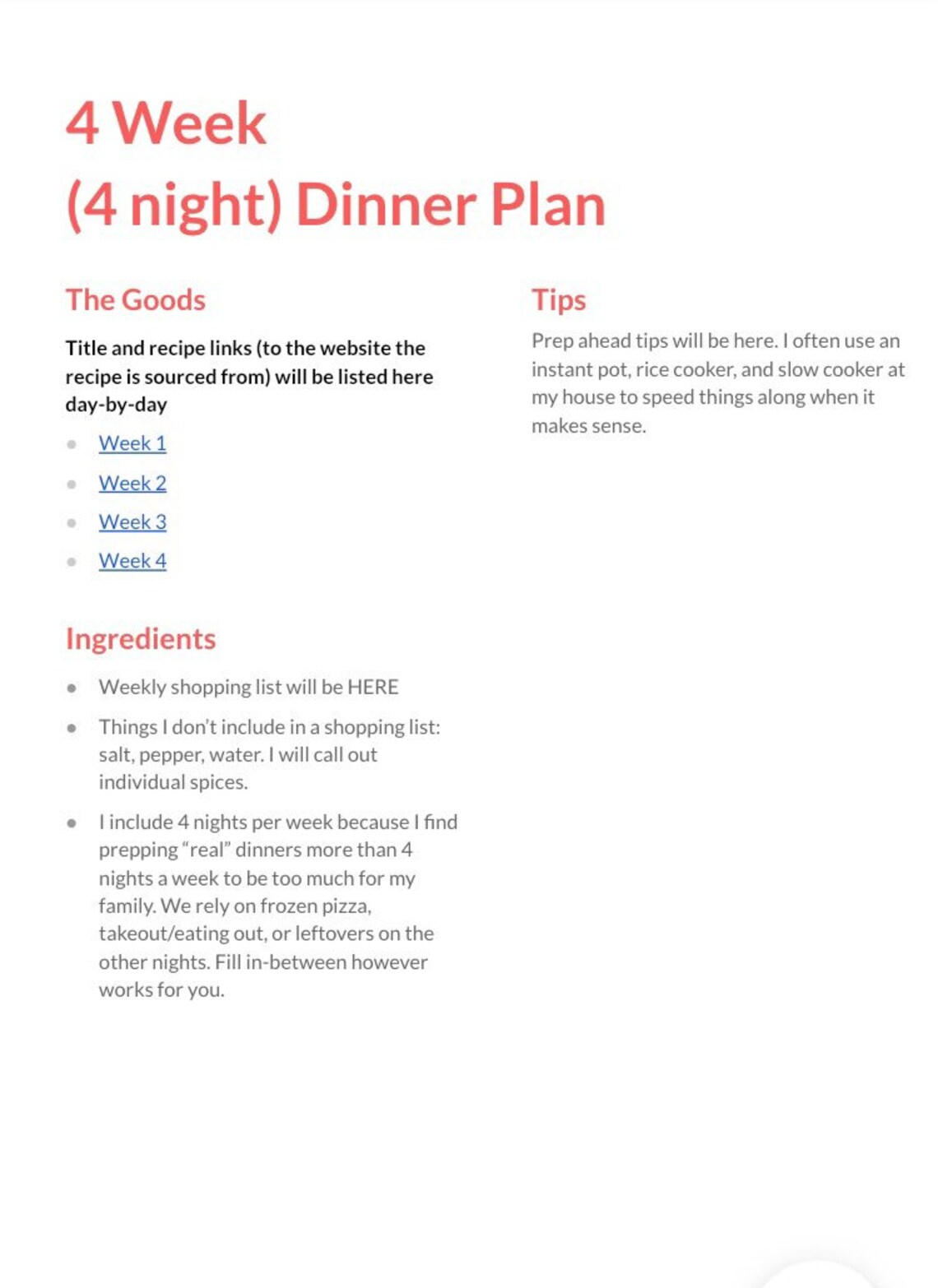 4 Week Meal Plan With Grocery List - Etsy