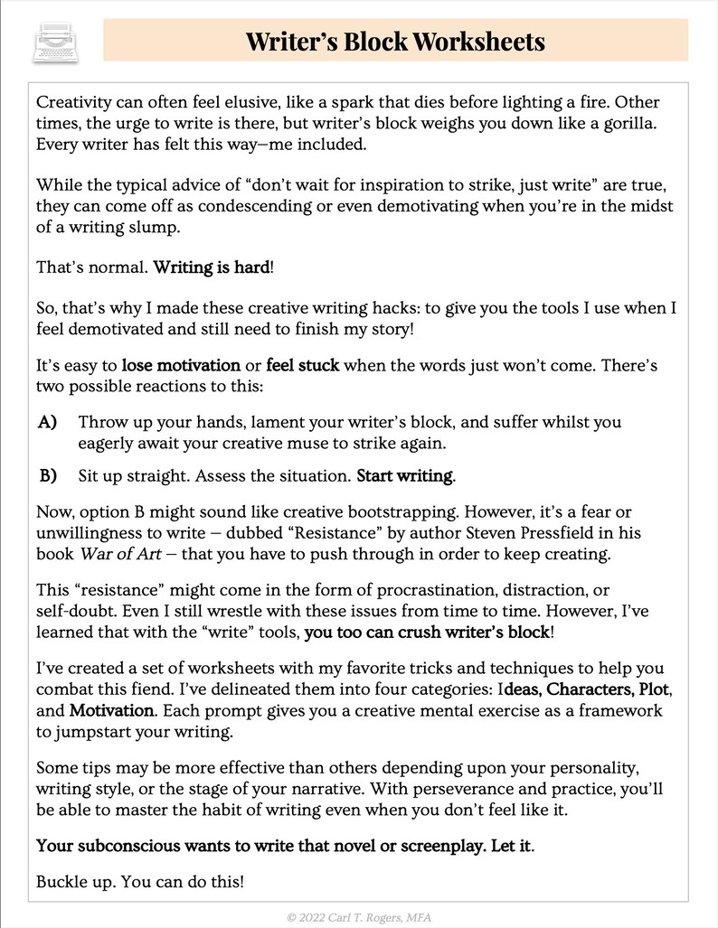 Writer's Block Worksheets | Story Writing Idea Generator | Creativity ...