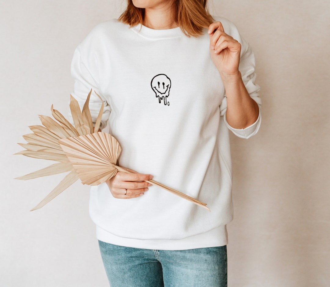Embroidered Drip Smiley Face Crewneck Sweatshirt, Drippy Smiley ...