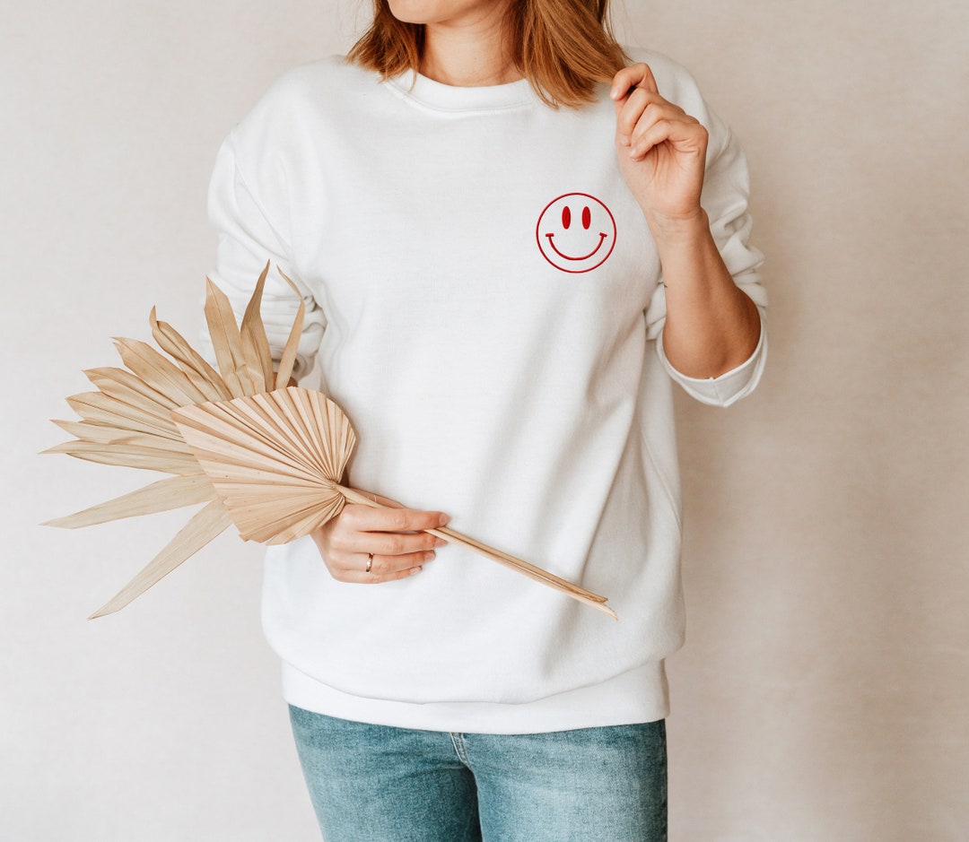 Embroidered Happy Face, Smile Face Embroidered Sweatshirt, Trendy Smile ...