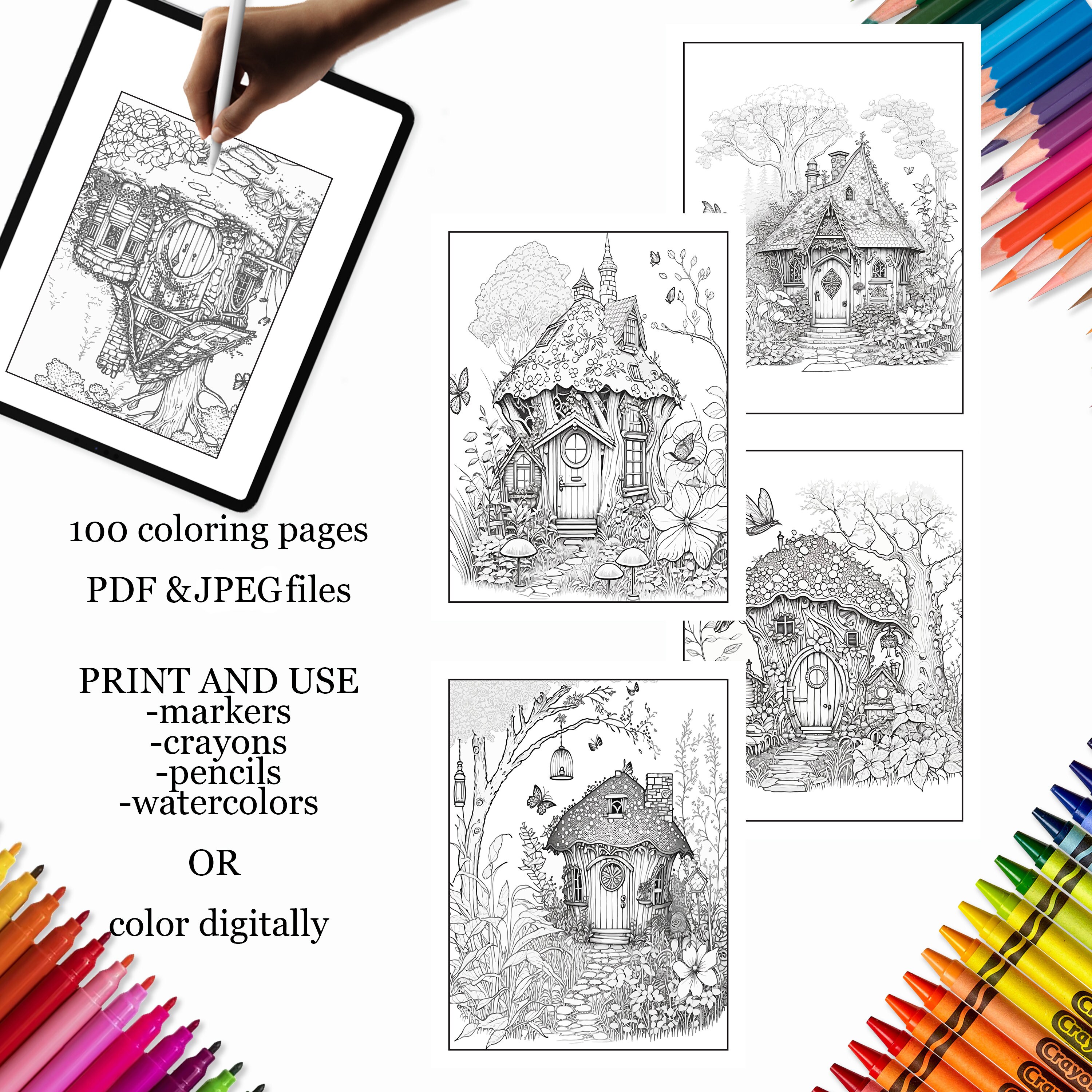 Fairy House Coloring Pages, iPad Coloring Pages, Kids Coloring, Digital ...