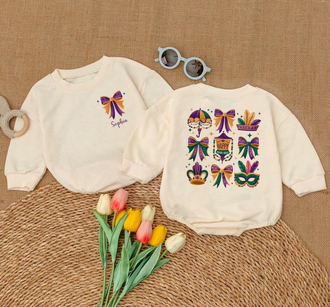 Mardi Gras Coquette Baby Romper Sweatshirt, Personalized Baby Outfit ...