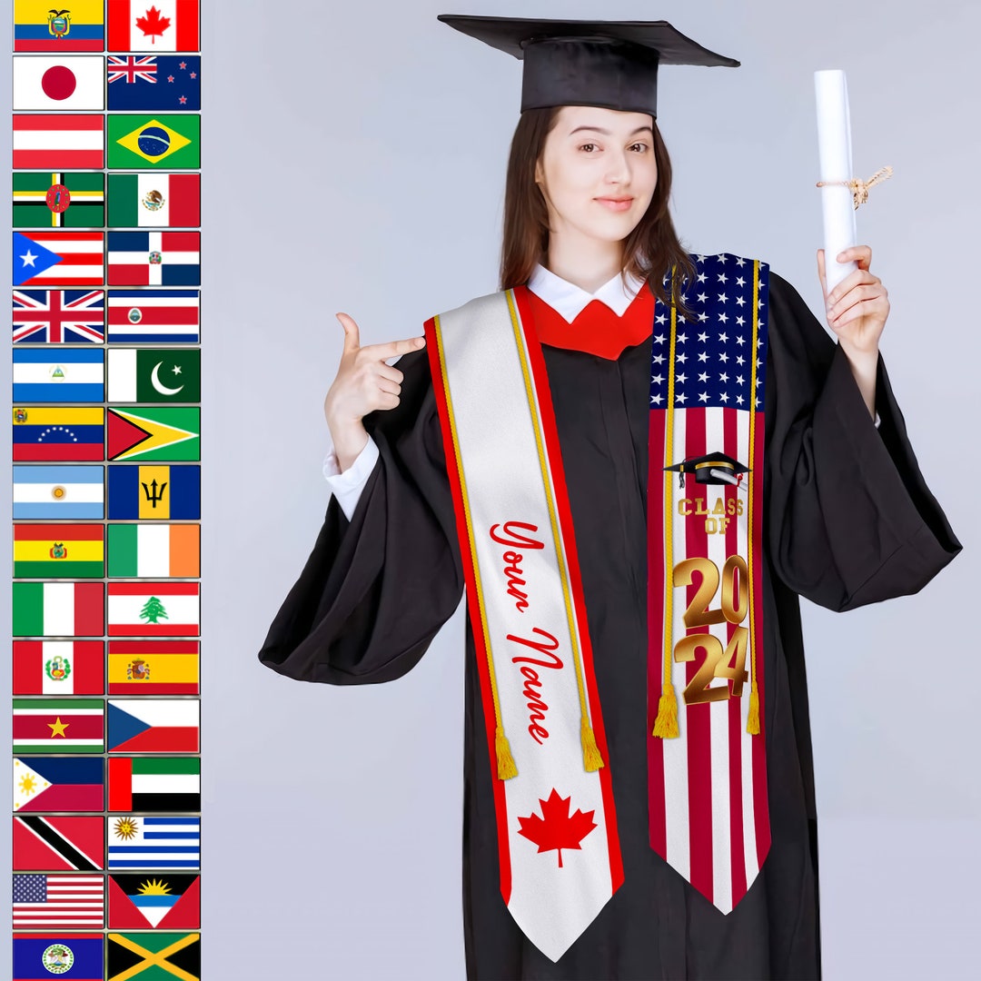Personalized Congrats 2024 Graduation Stole, Mixed Two Flag Graduation ...