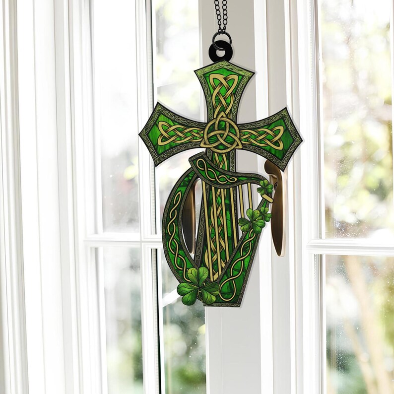 Celtic Cross and Harp Suncatcher Hanging, Irish Symbol Window Hanging ...