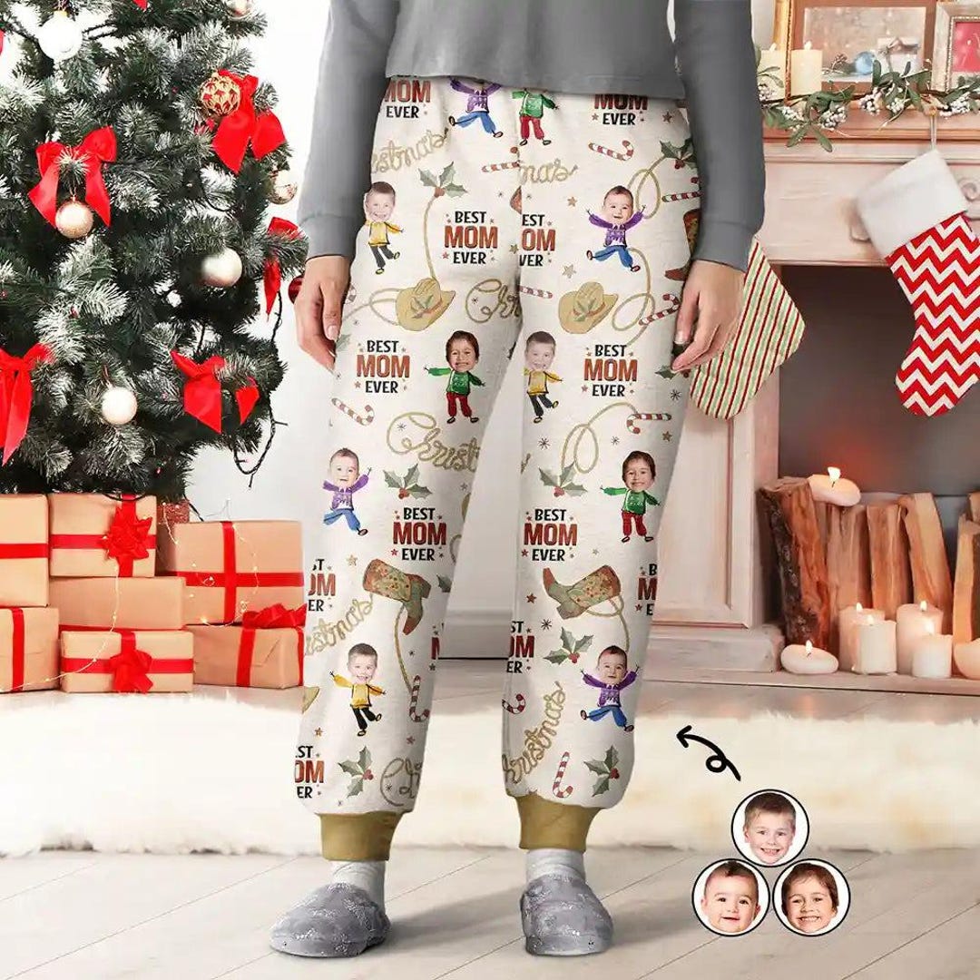 Personalized Photo Face Pajama Pants, Western Christmas Pajama Pants ...