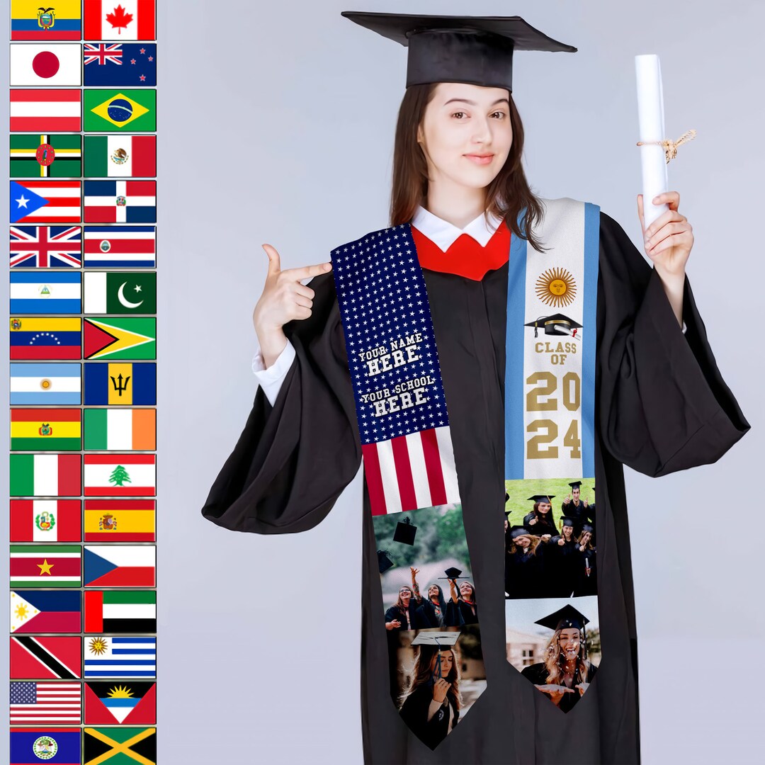 Personalized Congrats 2024 Graduation Stole, Mixed Two Flag Graduation ...