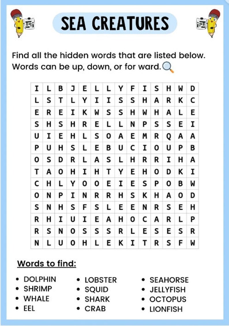 Printable Kids Word Search Sheet - Etsy