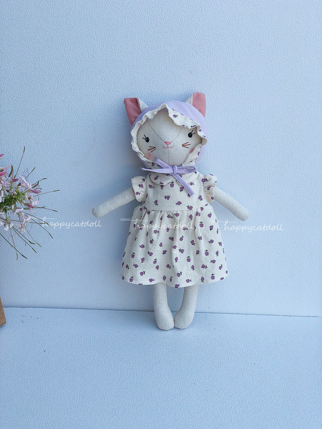 BEST PRICE Handmade White Cat Doll With Purple Pears Print Dress ...