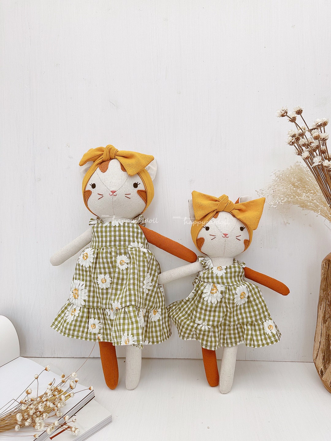 Handmade Linen Cat Doll With Green Daisy Dress Stuffed Animal Plushy ...