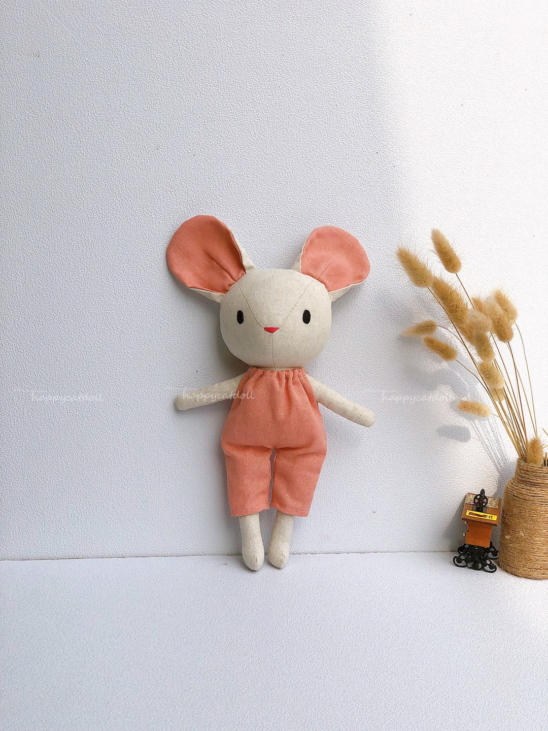 Handmade Fabric Mouse Doll With Overall - Soft Toy Doll Nature Linen ...