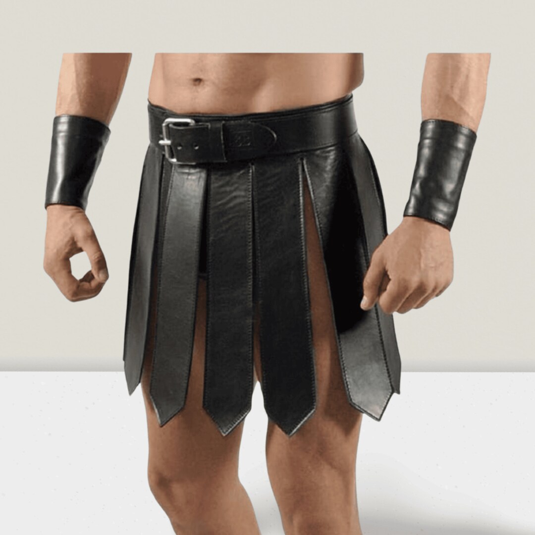 Mens Black Leather Roman Gladiator Kilt Set With Wristbands - Etsy