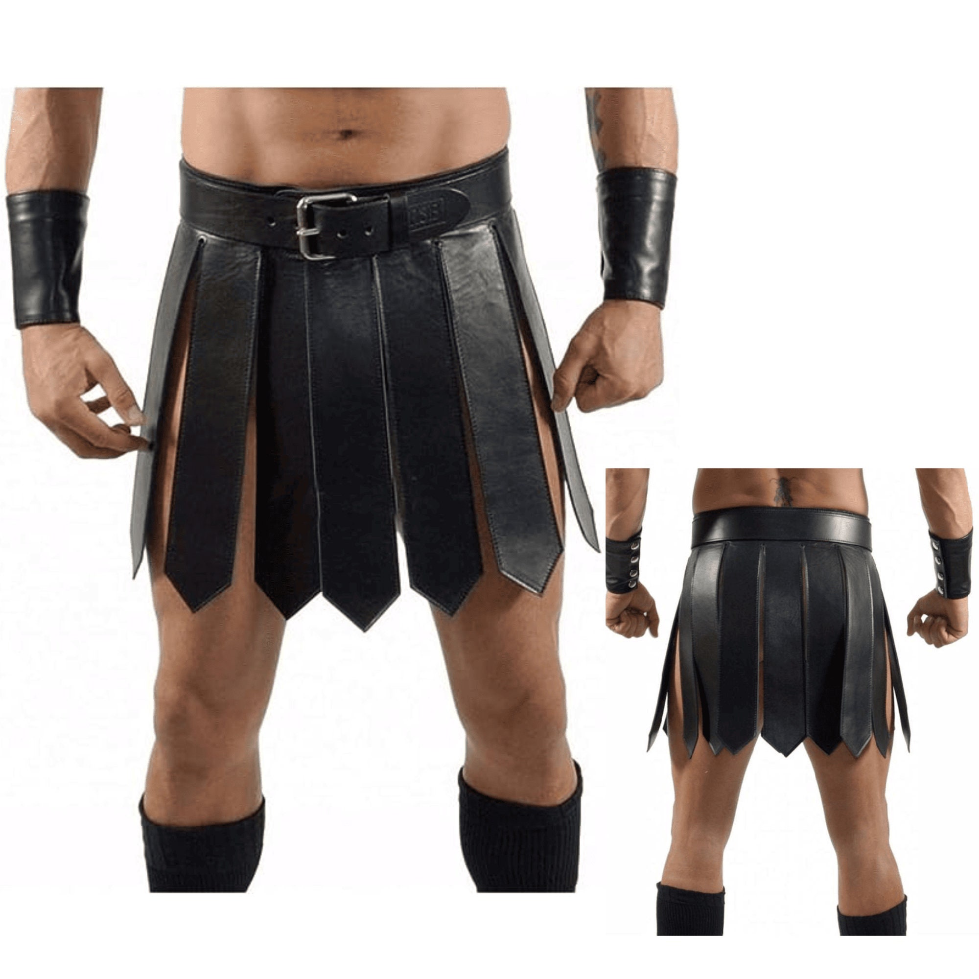 Mens Black Leather Roman Gladiator Kilt Set With Wristbands - Etsy