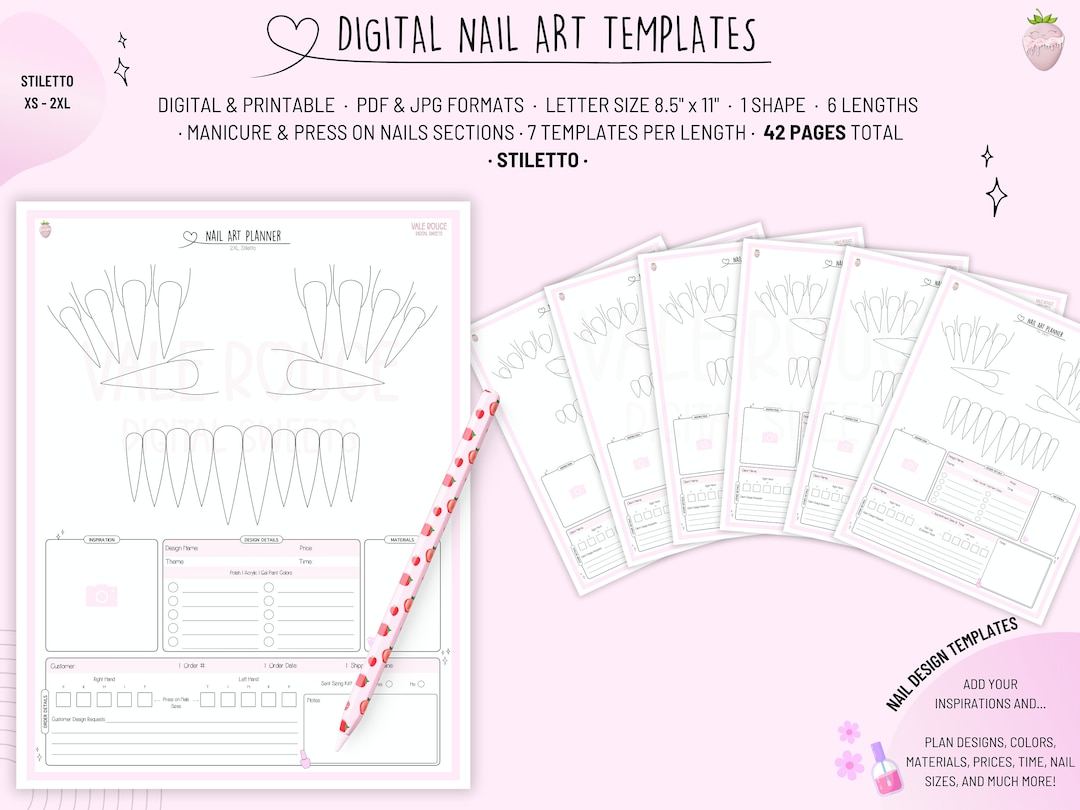 Stiletto Nail Art Templates With Text Boxes | 6 Lengths | Nail Sketch ...