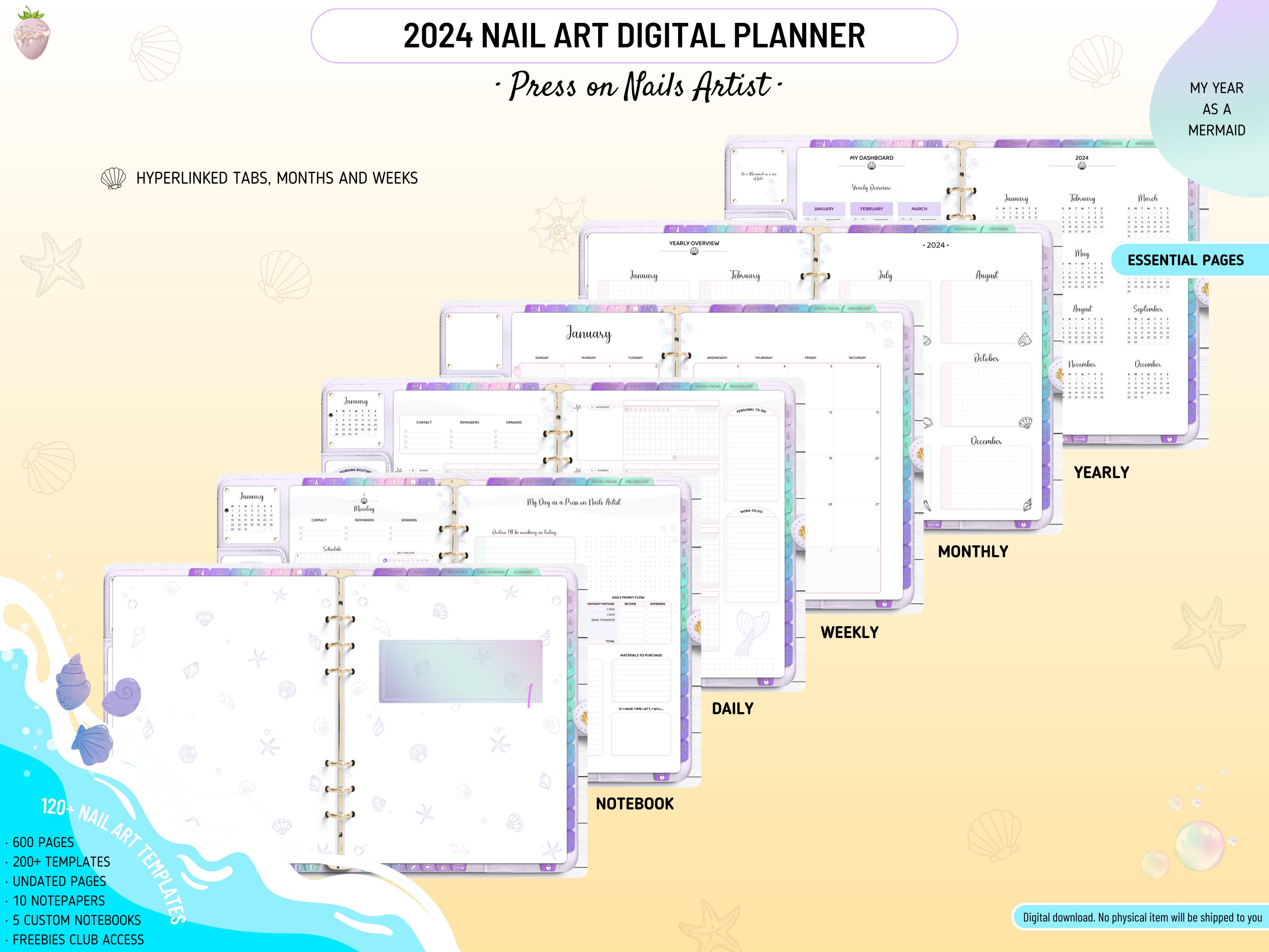 2024 Press on Nails Digital Planner My Year as a Mermaid Daily/weekly ...