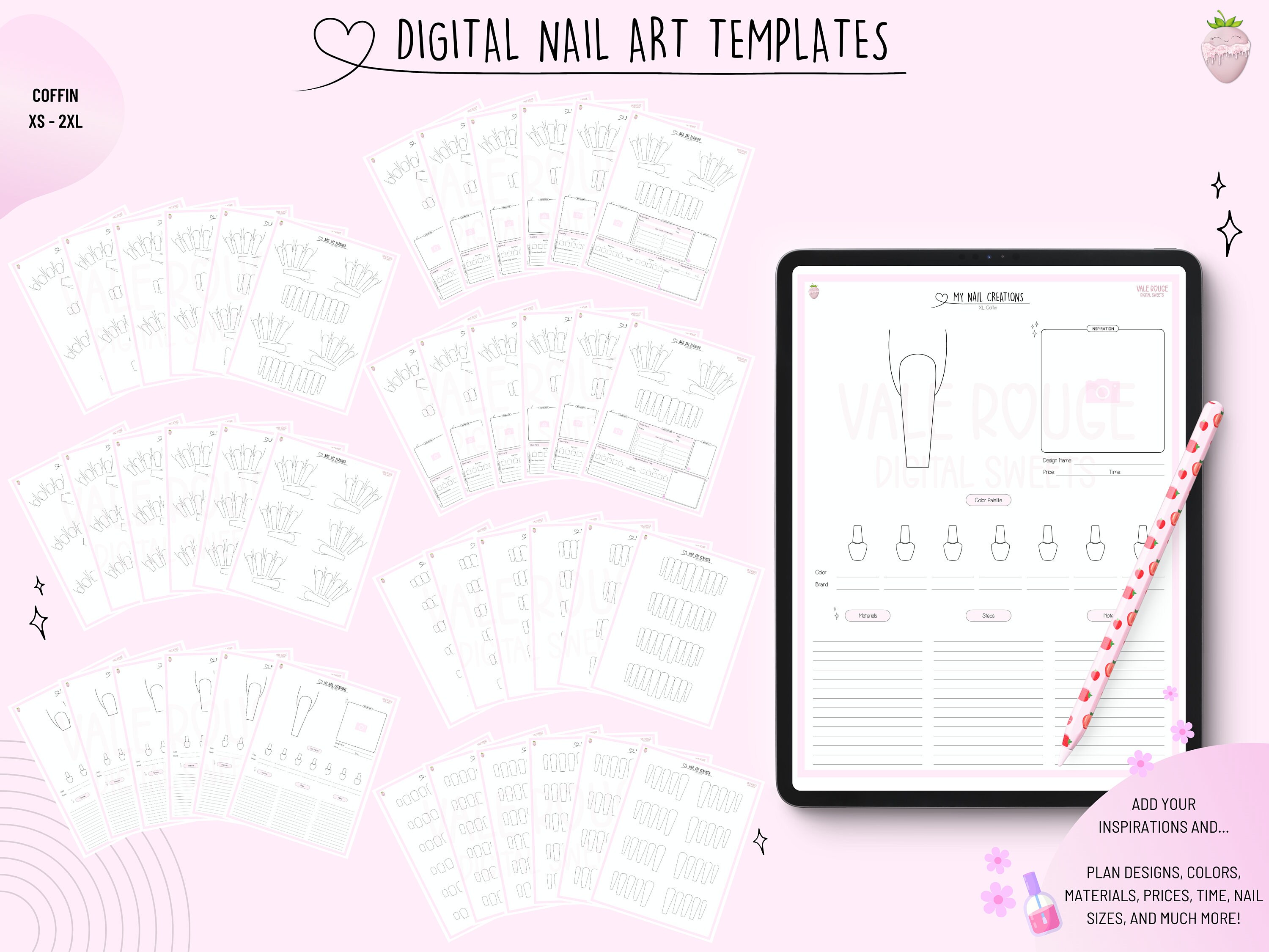 Coffin Nail Art Templates With Text Boxes | 6 Lengths | Nail Sketch ...