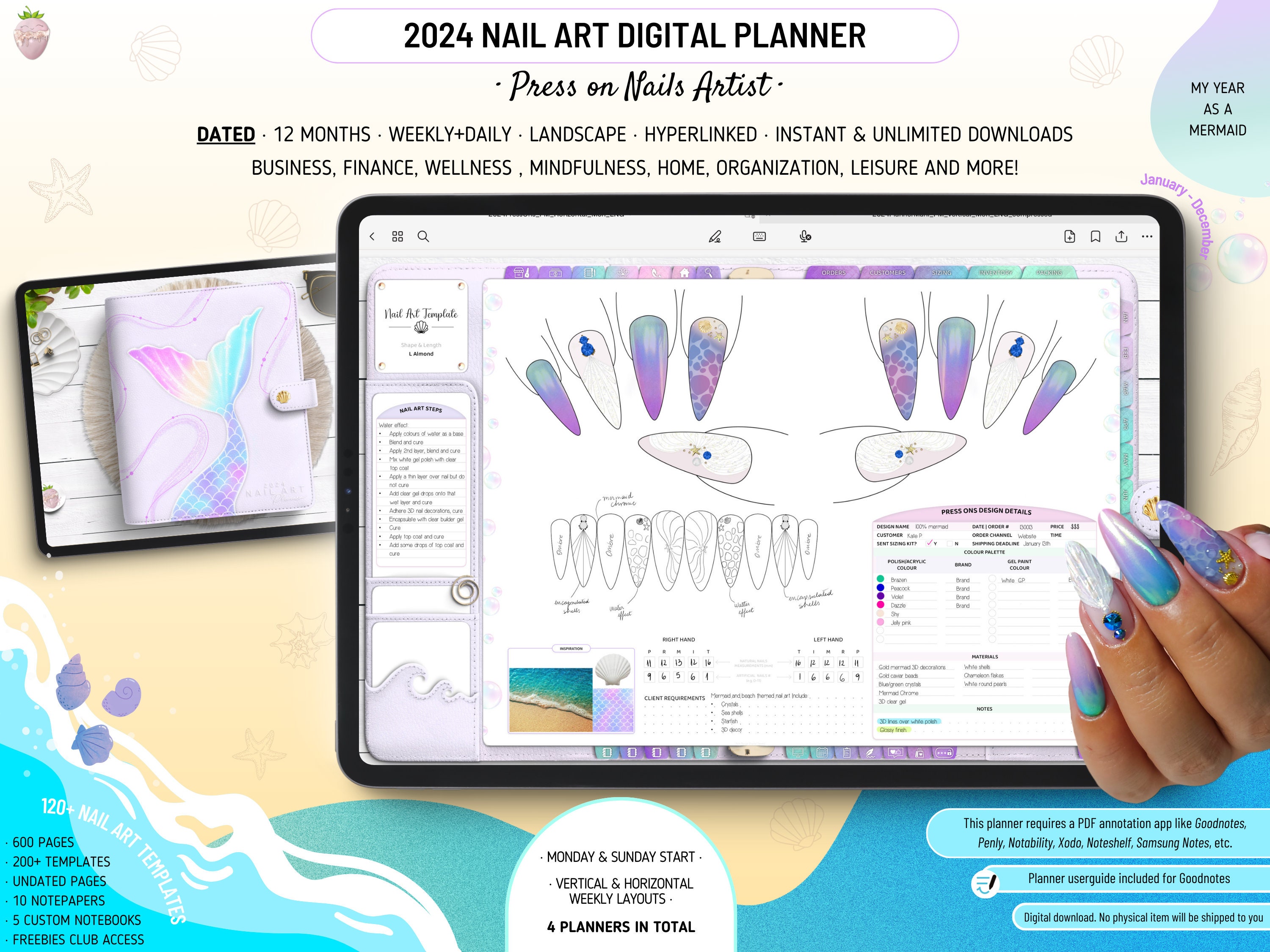 2024 Press on Nails Digital Planner My Year as a Mermaid Daily/weekly ...