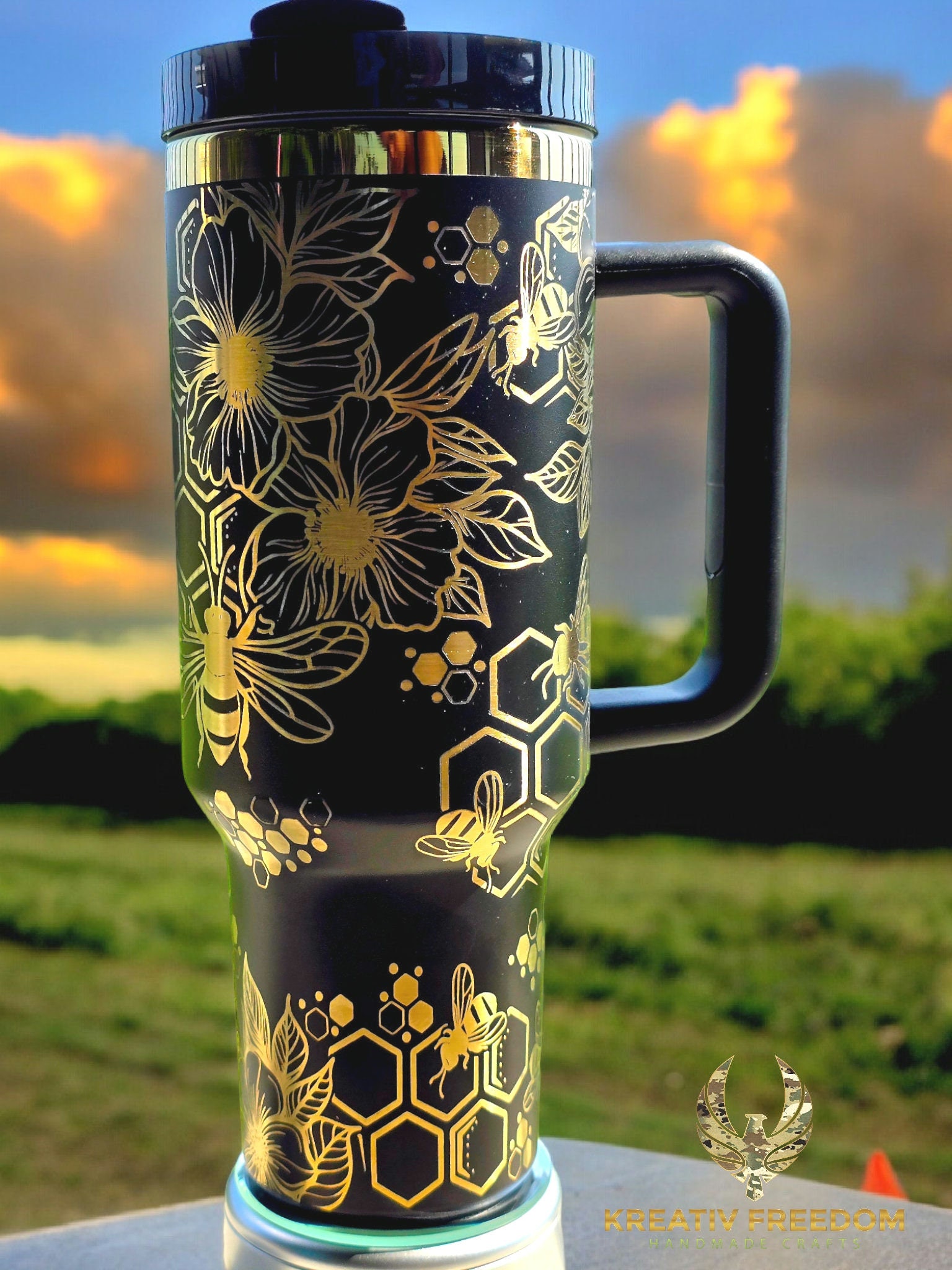 Black and Gold Bee 40oz Laser Engraved Tumbler With Handle, Insulated ...
