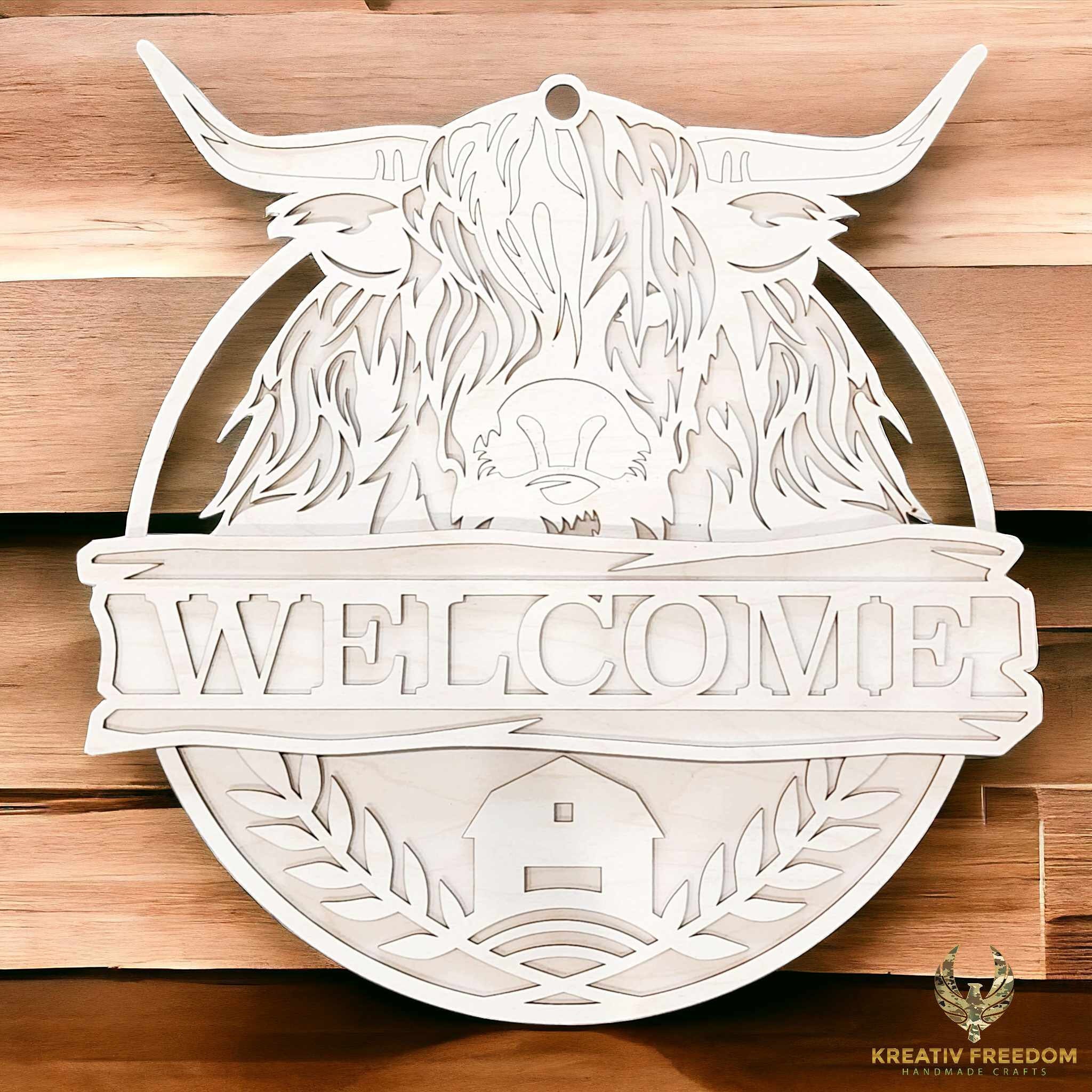 Highland Cow Welcome Sign - Laser Cut Wood Art, Rustic Home Decor ...