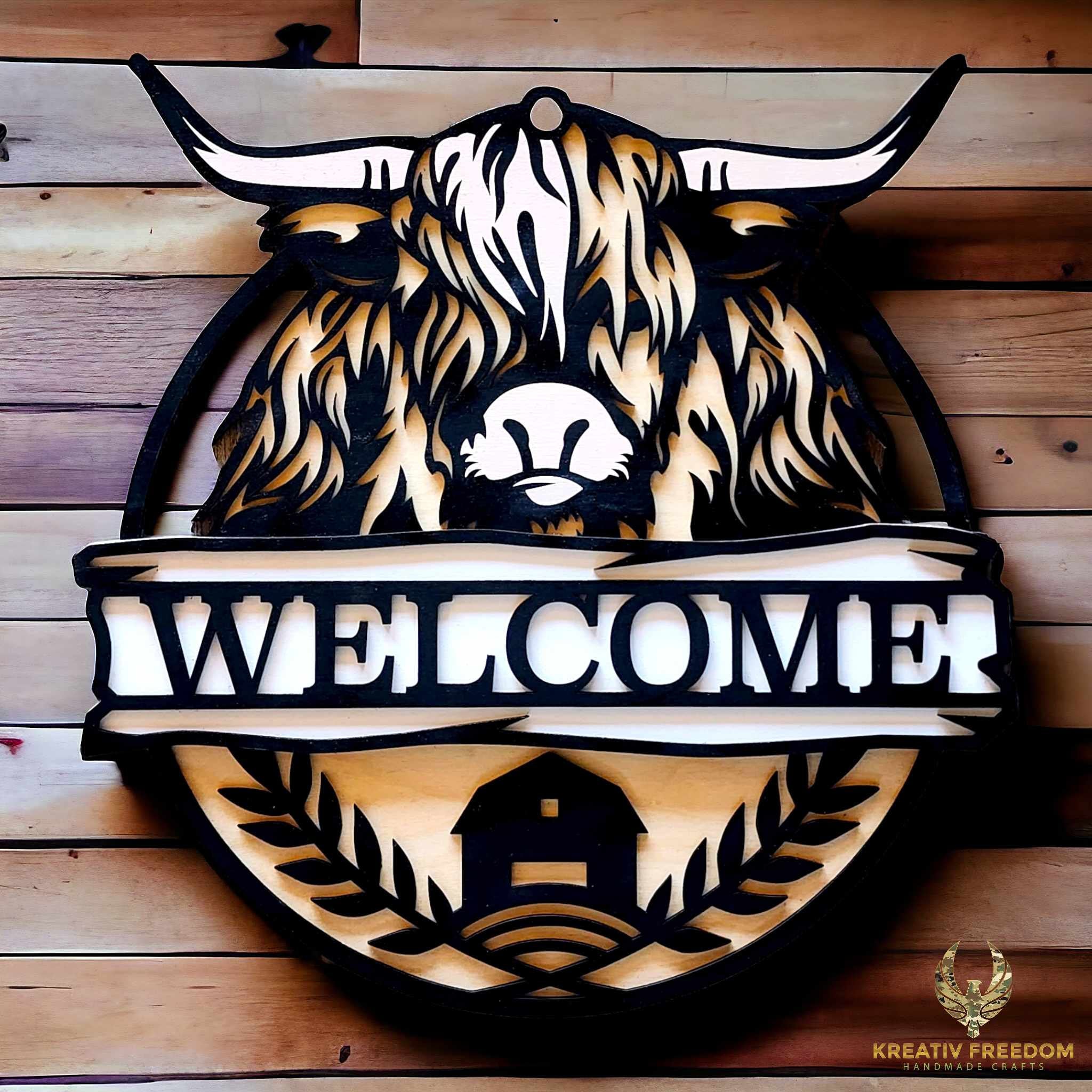 Highland Cow Welcome Sign - Laser Cut Wood Art, Rustic Home Decor ...