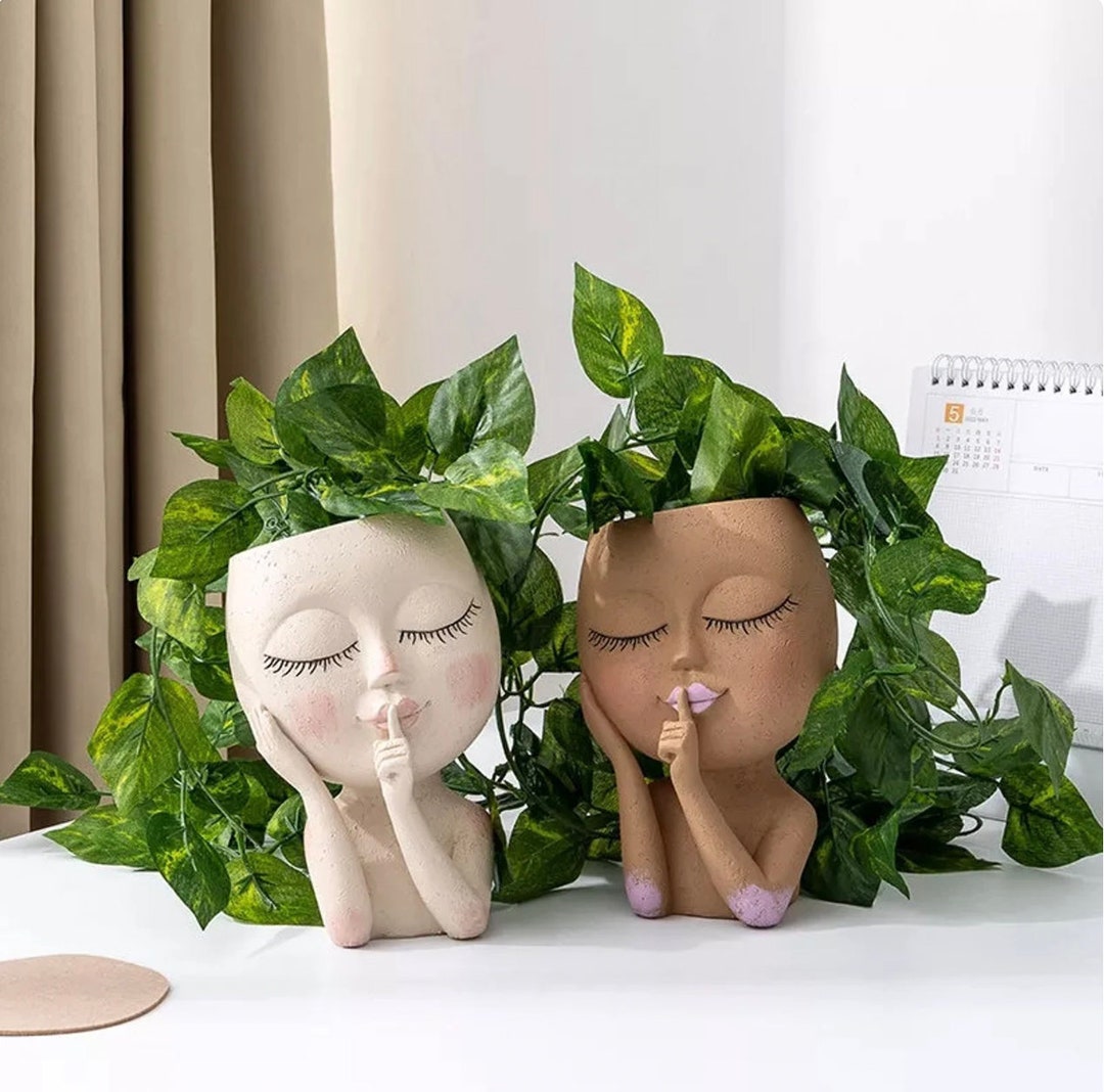 Girl Face Head Planter, Face Flower Pot With Drainage, Brown Skin Girl ...