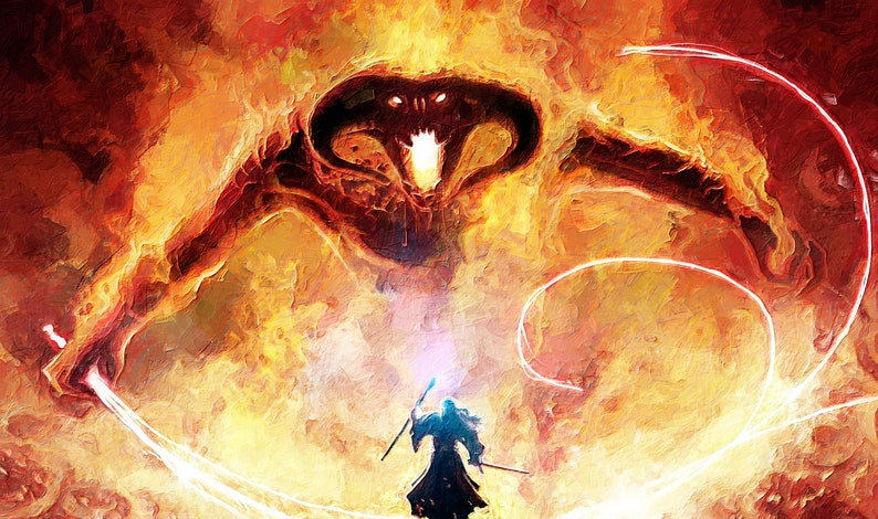 Lord of the Rings Gandalf Fights Balrog Painting Artwork LOTR Gift, Art ...