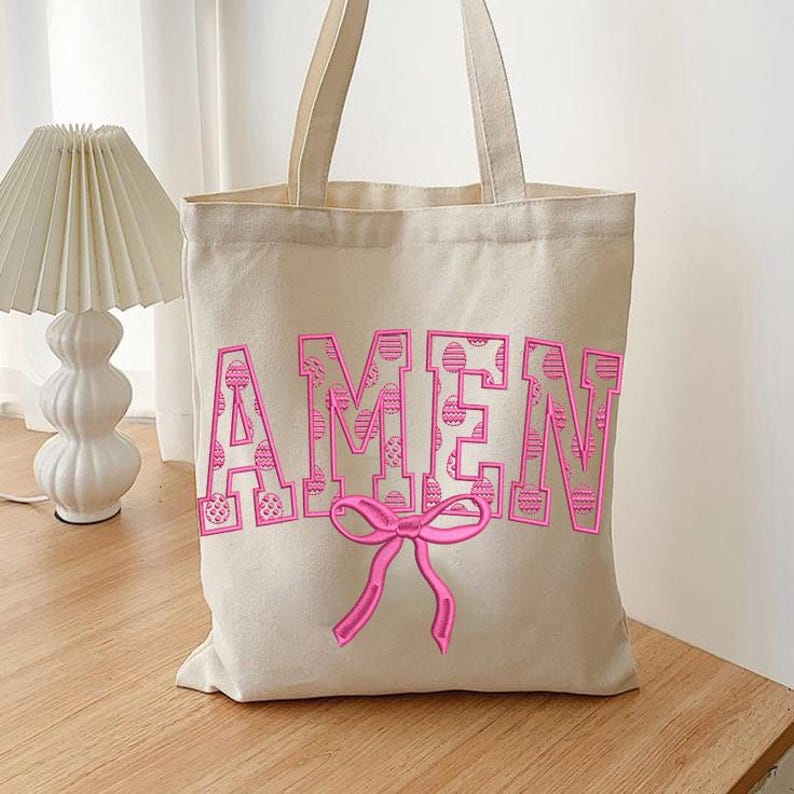 Floral AMEN Pink Bow Embroidery Design, Applique Varsity Font ...