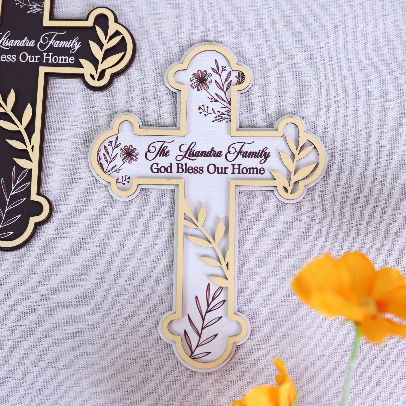 Personalized Wooden Cross Wall Decor, Custom God Bless Our Home Sign ...