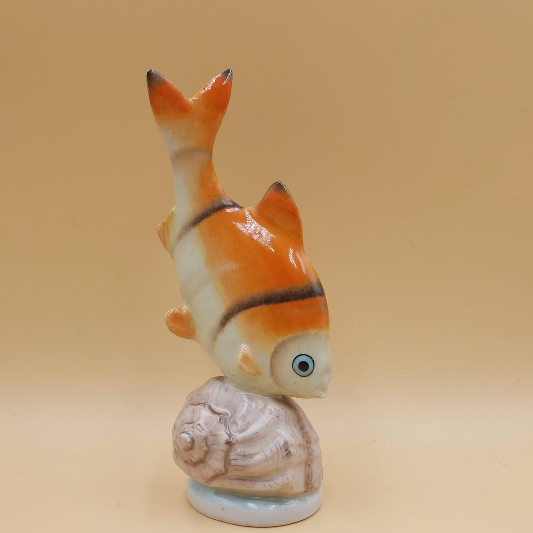 FISH ON SHELL- Porcelain Fish Figurine- by Miklós Veress- Hungarian ...