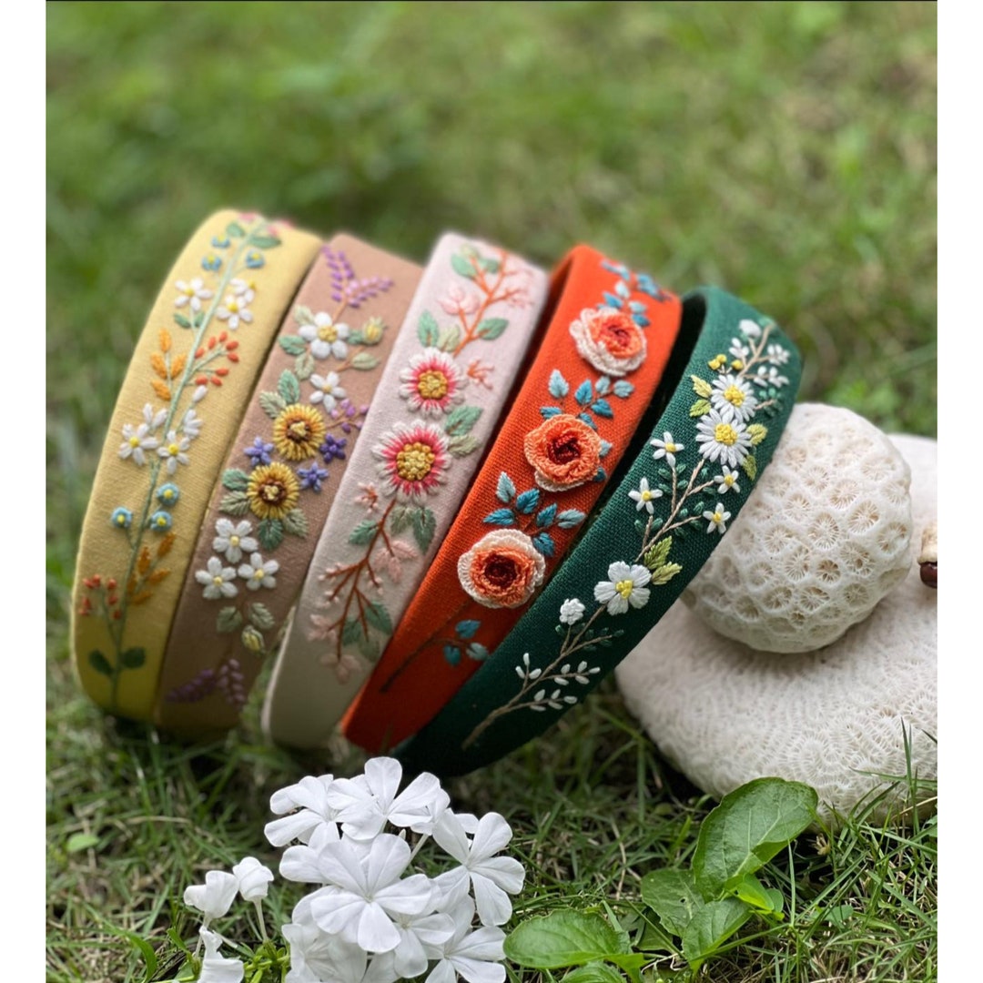 Floral Embroidered Headband, Linen Turban, Vintage Boho Hair ...