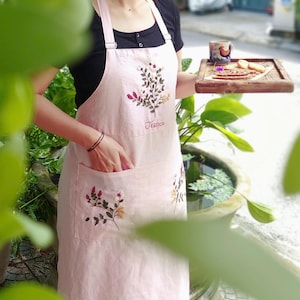 Natural Embroidered Floral Apron, Personalized Hand Embroidered Apron, Kitchen, Cooking, Florist ...