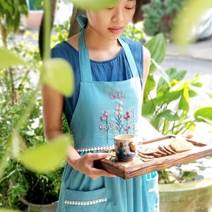 Natural Embroidered Floral Apron, Personalized Hand Embroidered Apron, Kitchen, Cooking, Florist ...