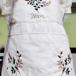 Natural Embroidered Floral Apron, Personalized Hand Embroidered Apron, Kitchen, Cooking, Florist ...