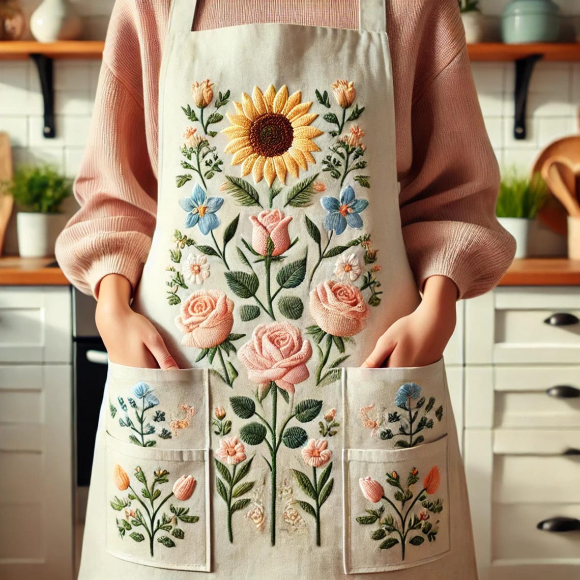 Natural Embroidered Floral Apron, Personalized Hand Embroidered Apron, Kitchen, Cooking, Florist ...