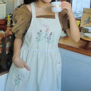 Natural Embroidered Floral Apron, Personalized Hand Embroidered Apron, Kitchen, Cooking, Florist ...