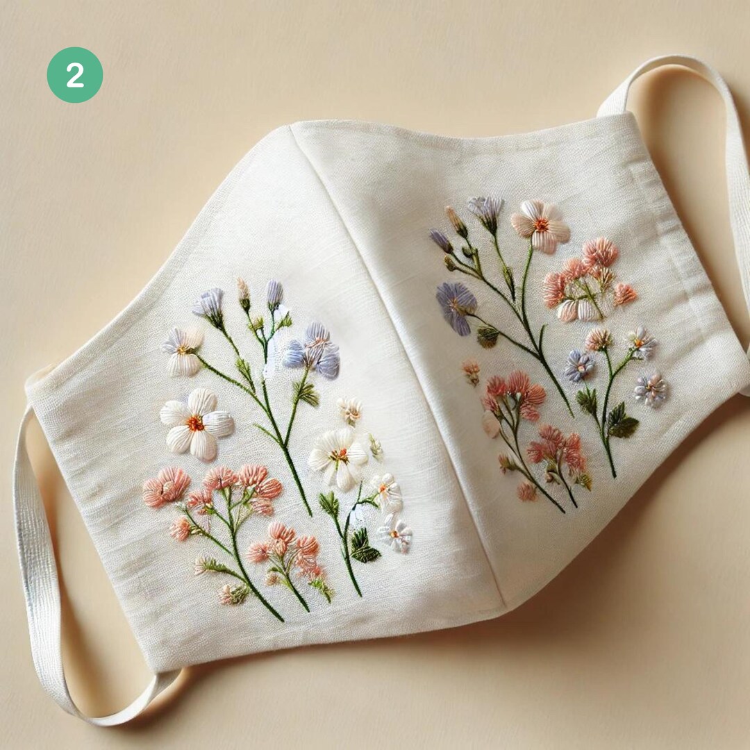 Floral Hand Embroidered Mask, Hand Embroidered 3 Layer Linen Face Mask ...