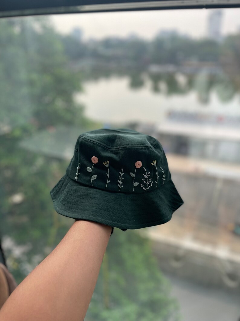 Hand Embroidery Bucket Hat, Linen Bucket Hat, Reversible Bucket Hat ...
