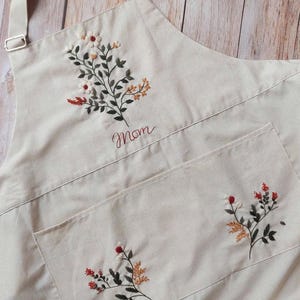 Natural Embroidered Floral Apron, Personalized Hand Embroidered Apron, Kitchen, Cooking, Florist ...